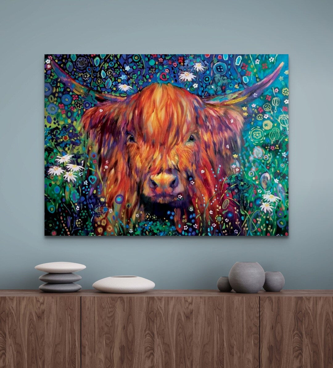 Colourful Highland Cow Canvas Print - 'braemar Daisies' by Sue Gardner ...