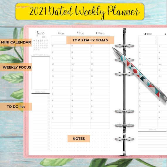Dated Weekly Planner Printable 2021 Week at a Glance on 2 | Etsy