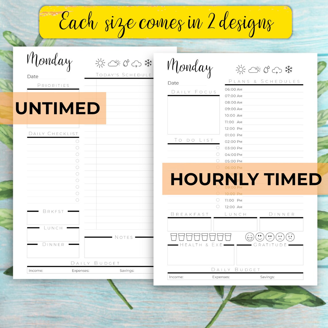 Hourly Schedule Planner Template: Meal Planner Weather Water | Etsy