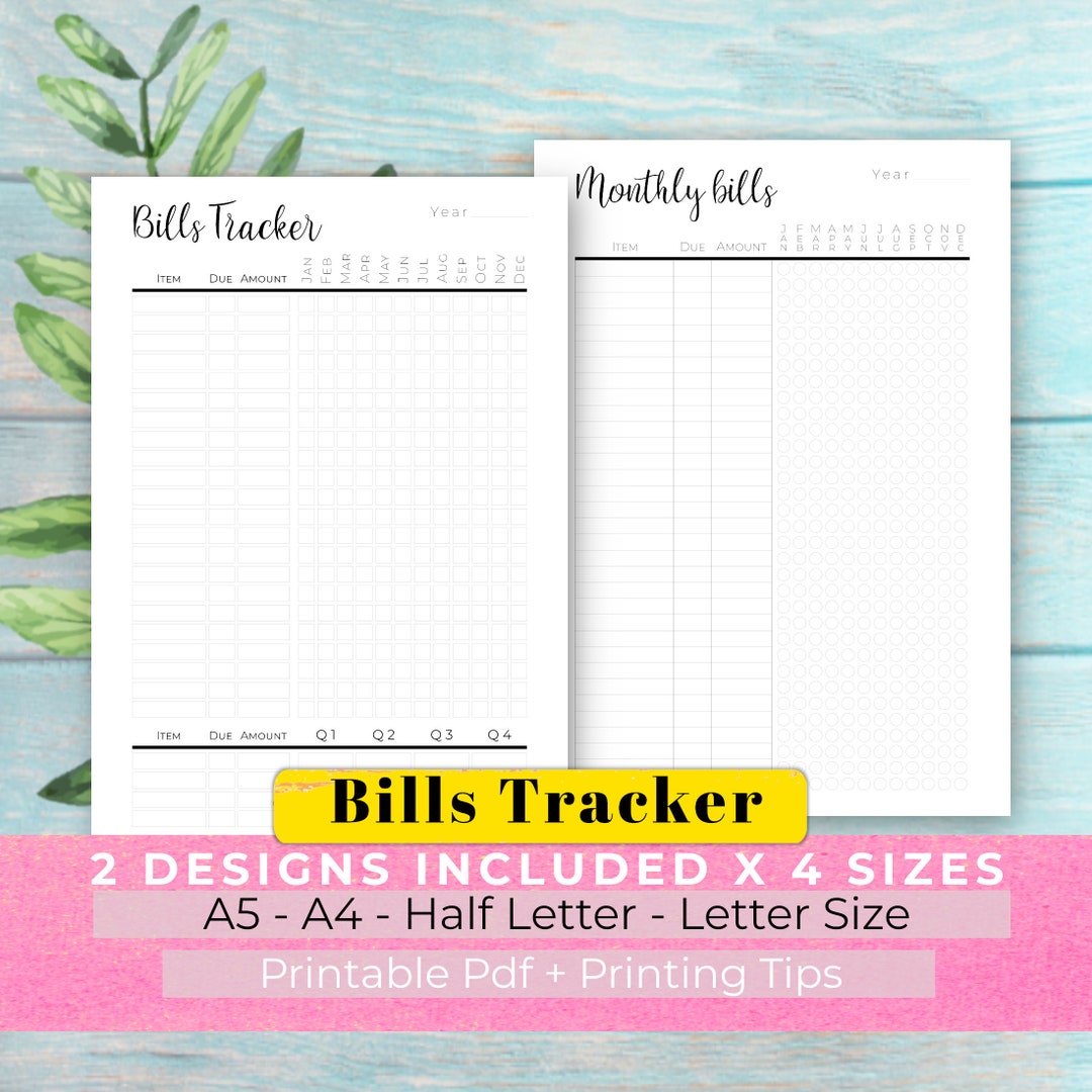 Monthly Bills Tracker Printable Planner Insert Template A5 A4 Letter ...