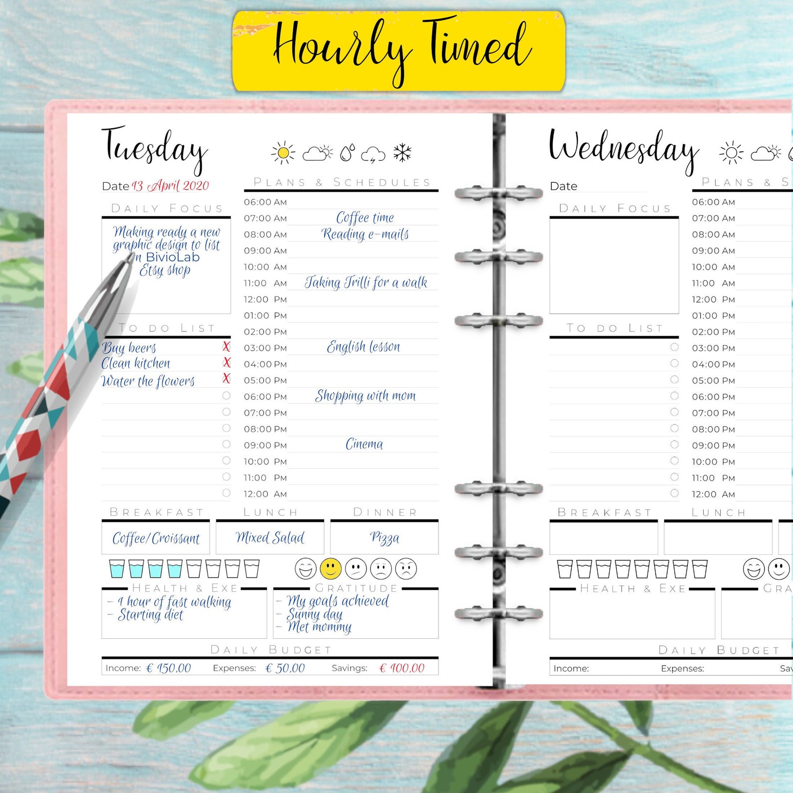 Hourly Schedule Planner Template: Meal Planner Weather Water | Etsy