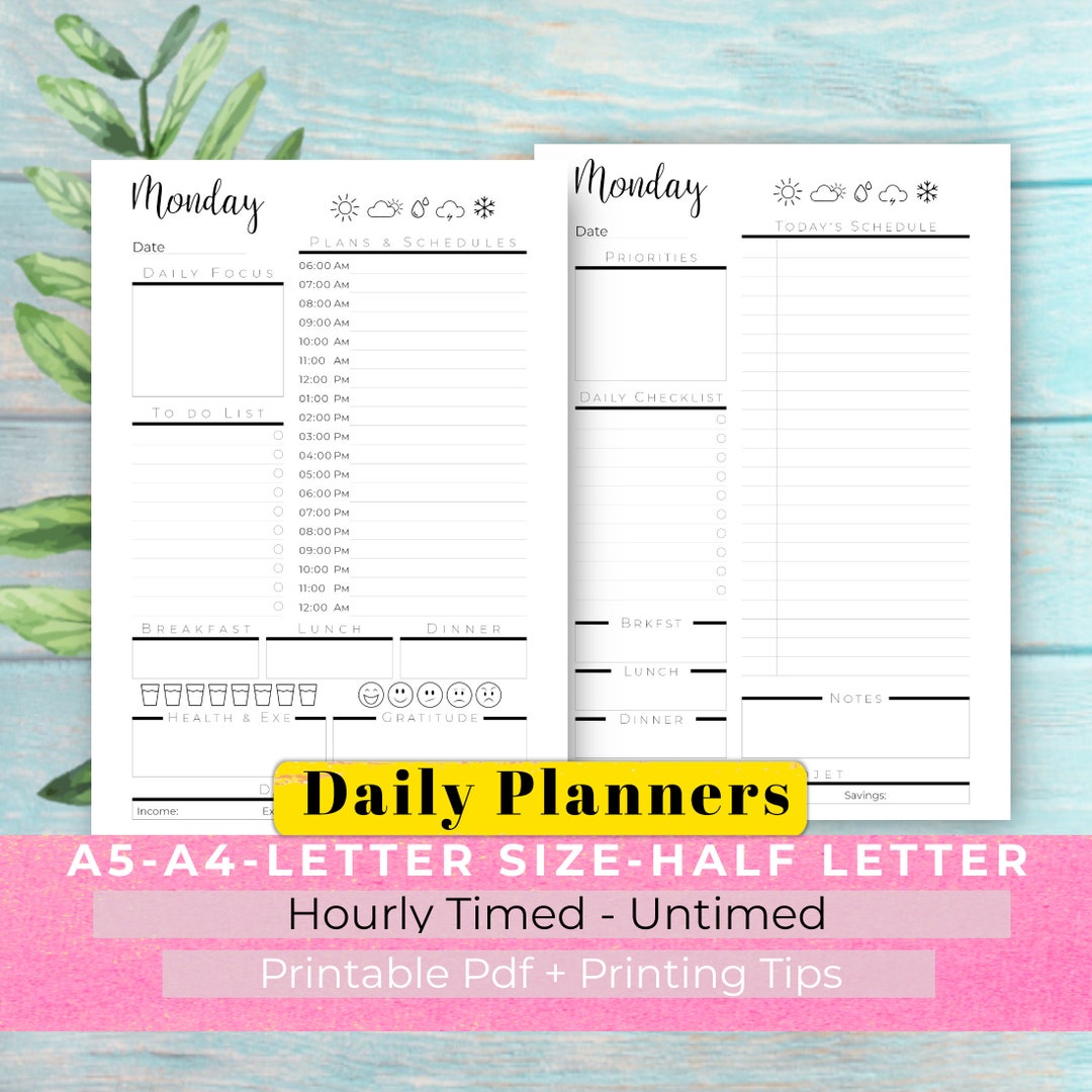 Daily Planner Printable on Half Letter A5 A4 & Letter Size Includes ...
