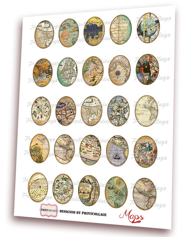 Old Vintage Map Images Digital Printable Cabochon Oval Images 40x30 ...