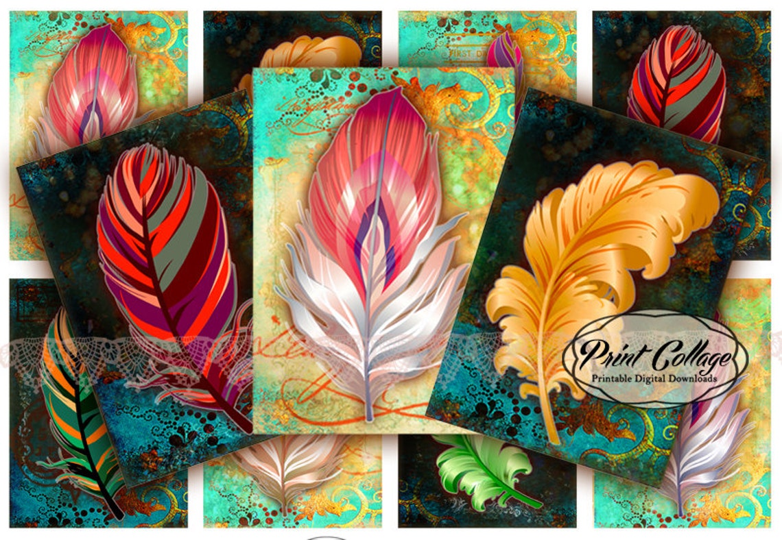 Feather Colors Digital Collage Sheet Designed Gift Tags and | Etsy