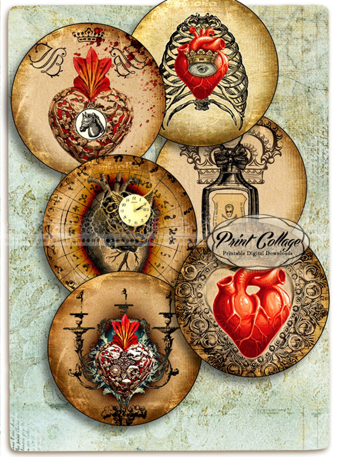 Gothic Heart Digital Printable Sheet 2.5 inch size round | Etsy