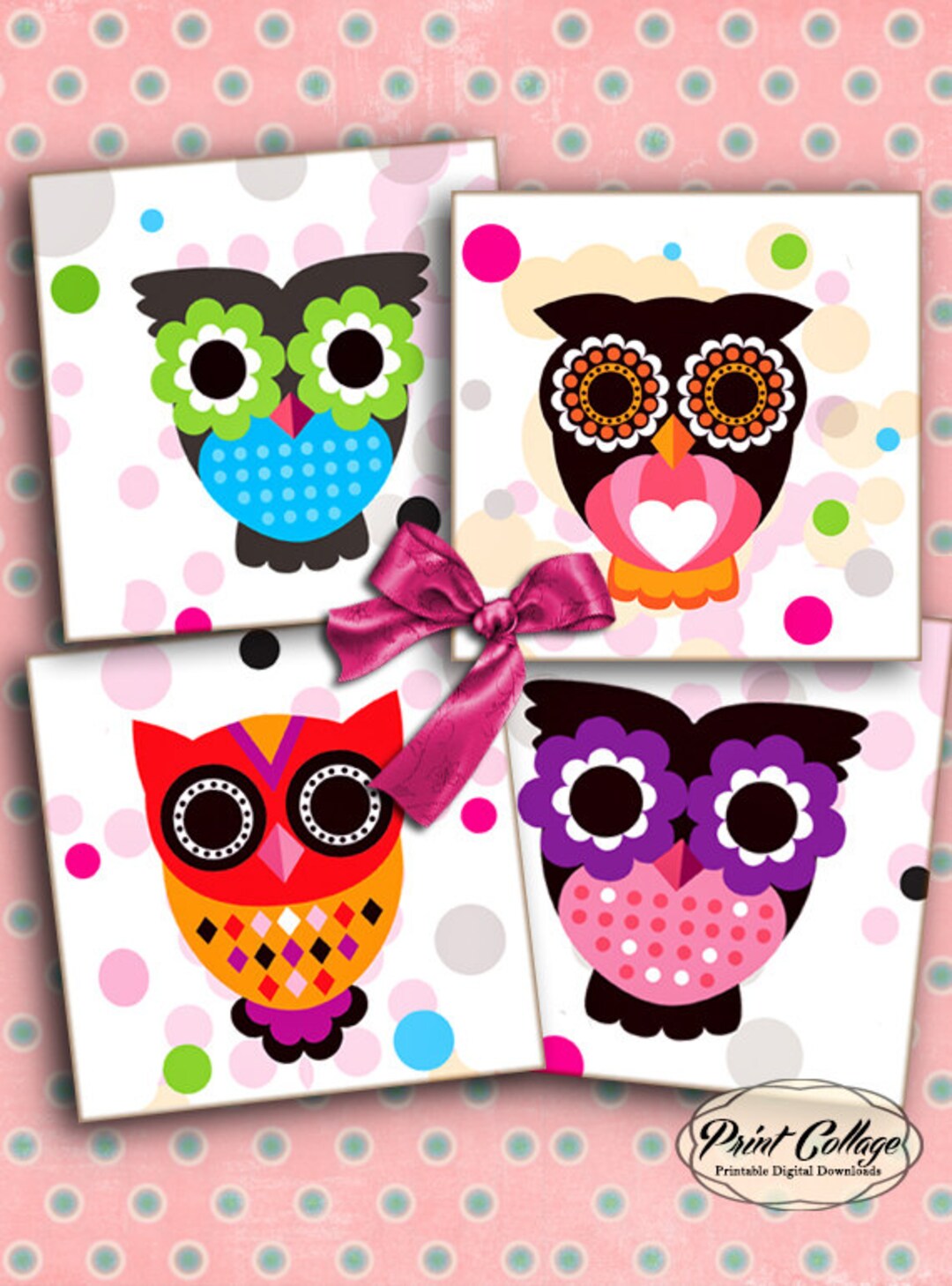 Owls Printable Collage Sheet for Coasters Greeting Cards Magnets Gift ...