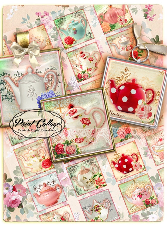 Tea Pot Square Digital Collage Sheet Paper Craft Printable | Etsy