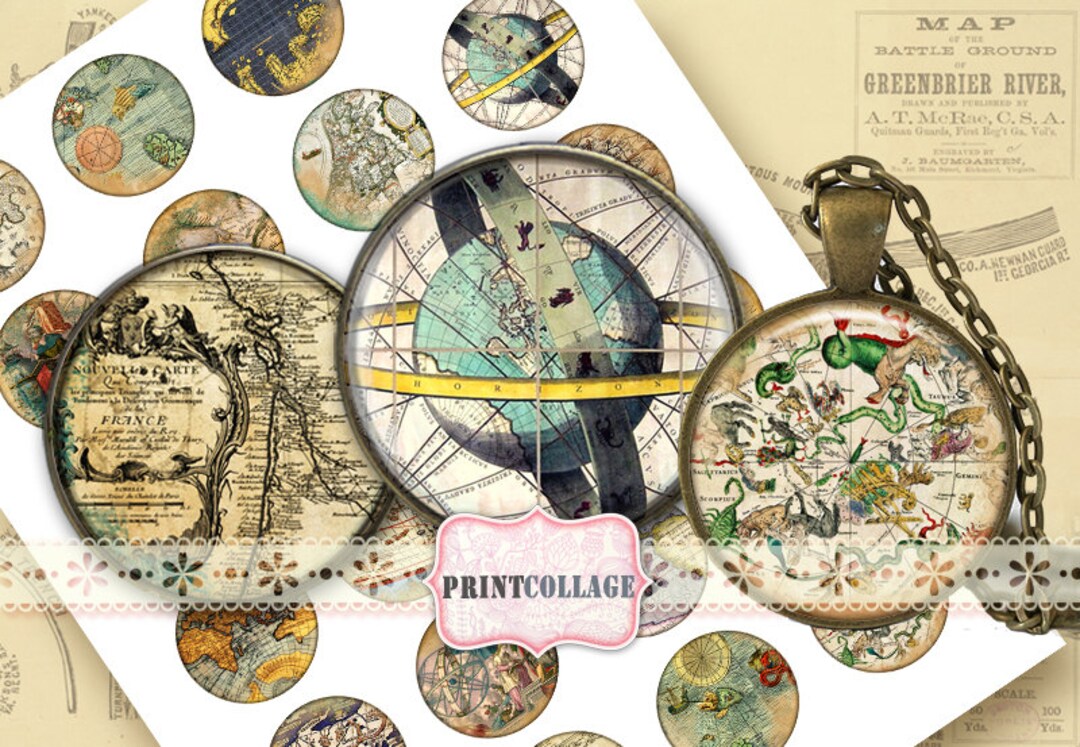 Map Circle Printable Images for Pendants, Digital Printable Sheets 1.5 ...