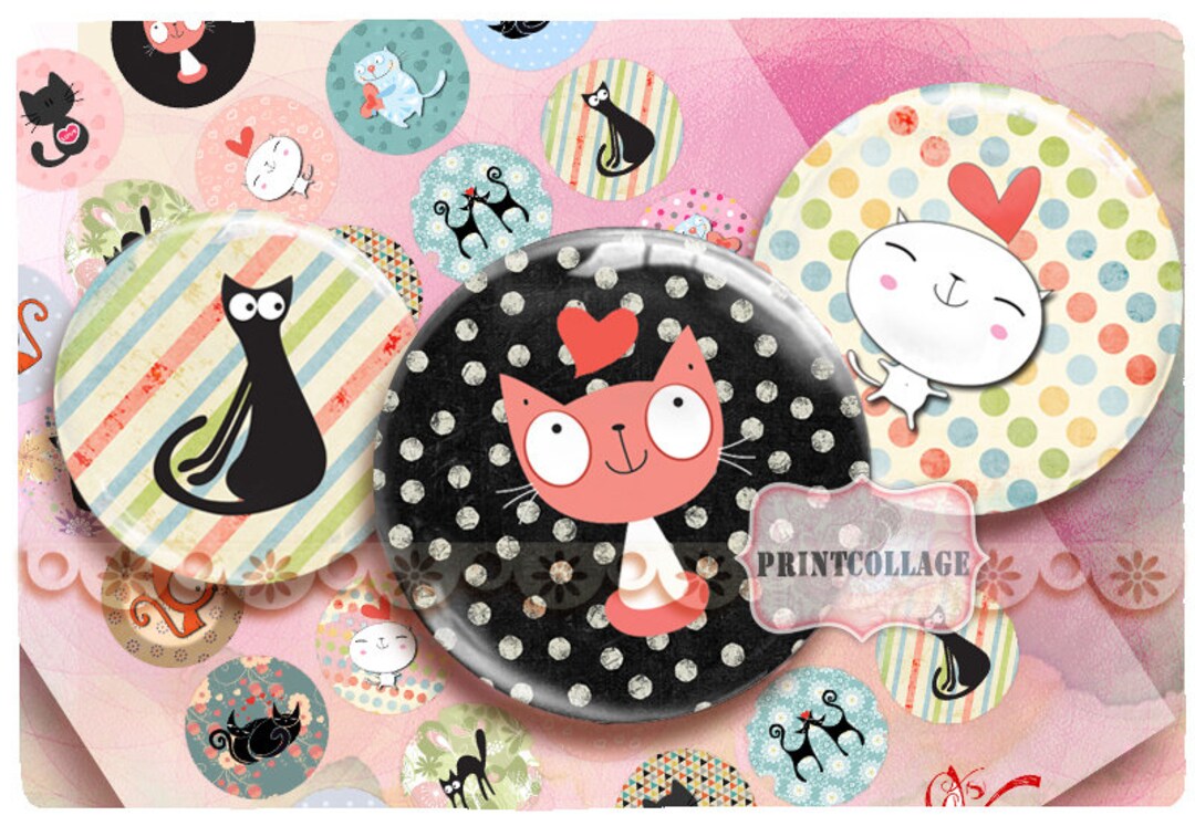Cat Animal Images Pinback Flatback Buttons Flair Buttons Digital ...