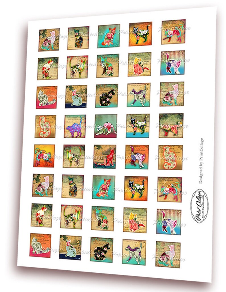 Cats, Silhouette Vintage Square Printable Scrabble Tile Images Digital ...