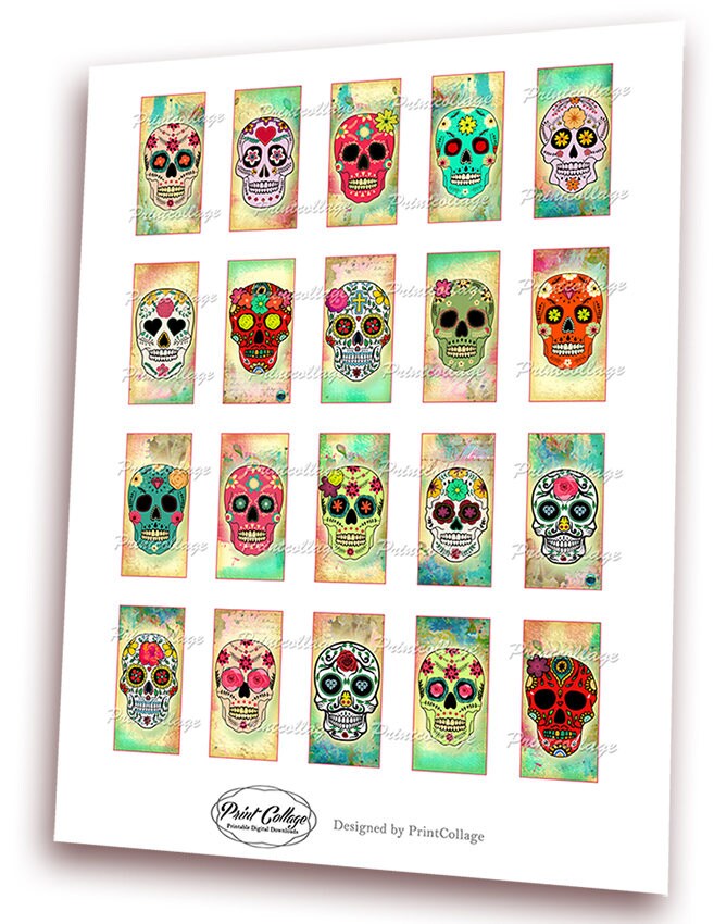Sugar Skull Digital Collage Sheet 1x2 Inch Printable Download for Glass ...