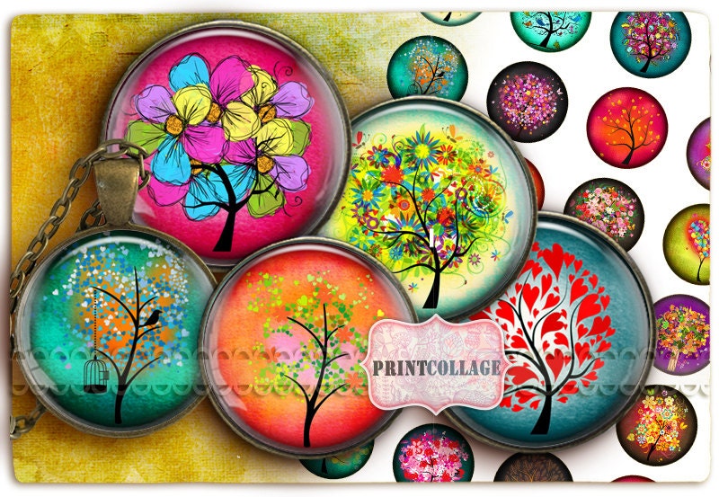 Colorful Tree Images Digital Collage Images 1.5 Inch 18 Mm | Etsy