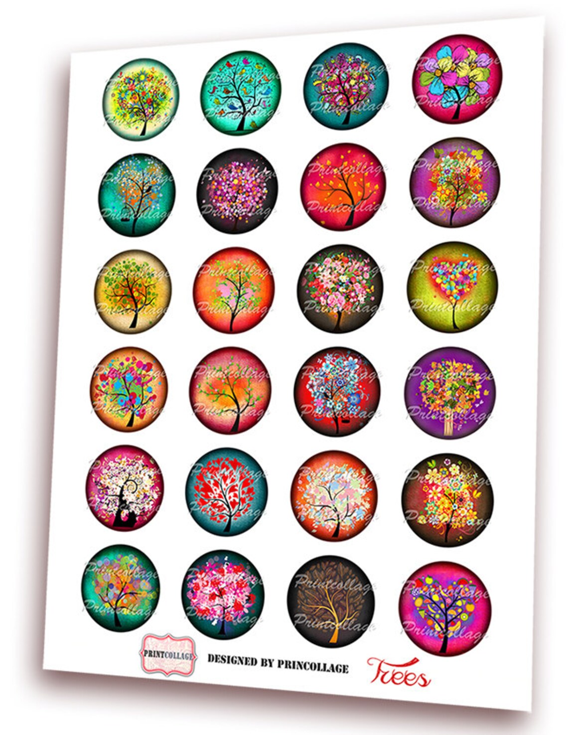 Colorful Tree Images Digital Collage Images 1.5 Inch 18 Mm | Etsy
