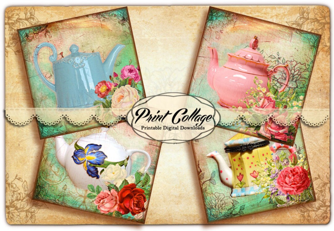 Tea, Teapot Flowers Coaster Images Printable Collage Sheet for Greeting ...