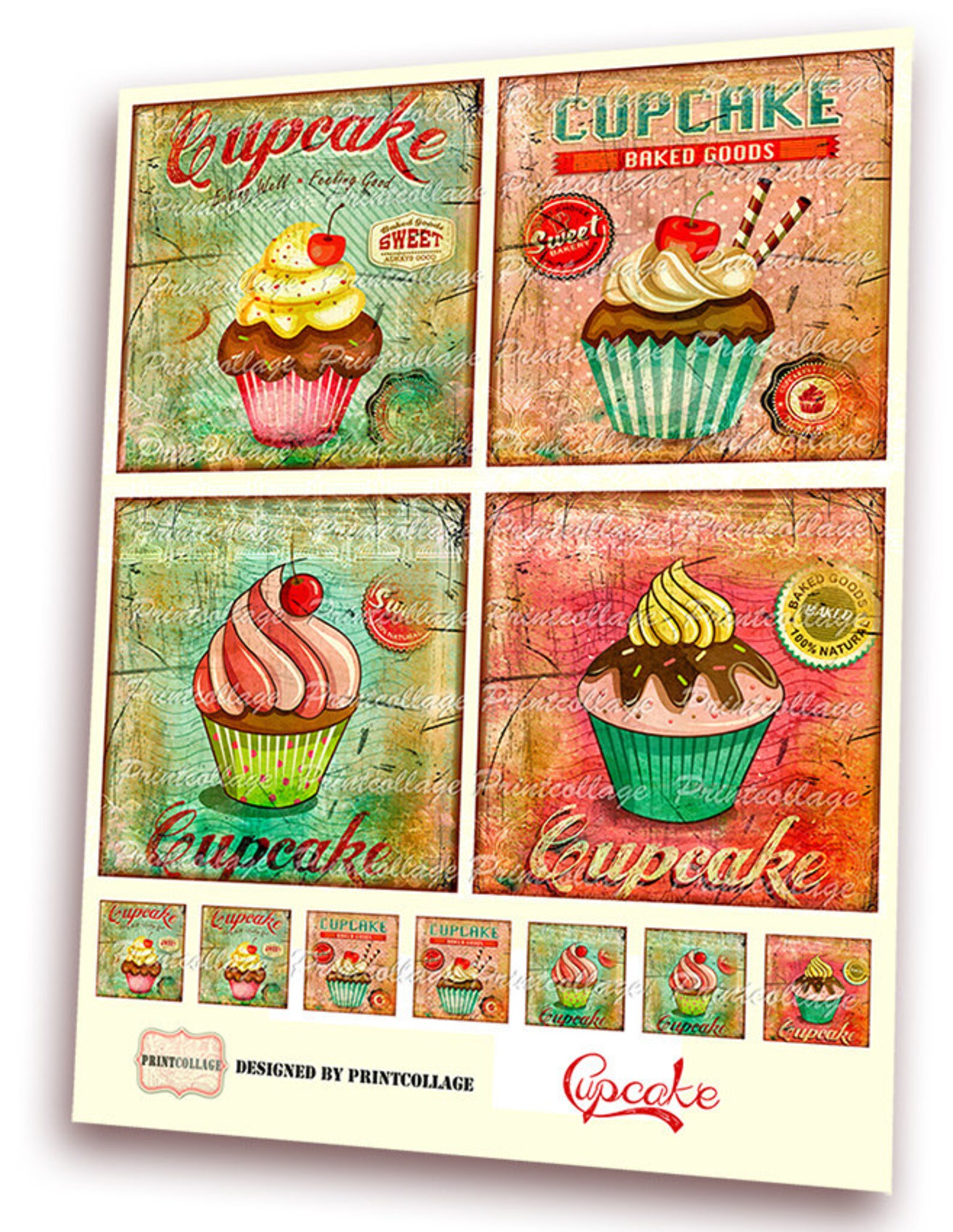 Cupcake Printable Collage Sheet for Coasters Greeting Cards, Scrabble ...
