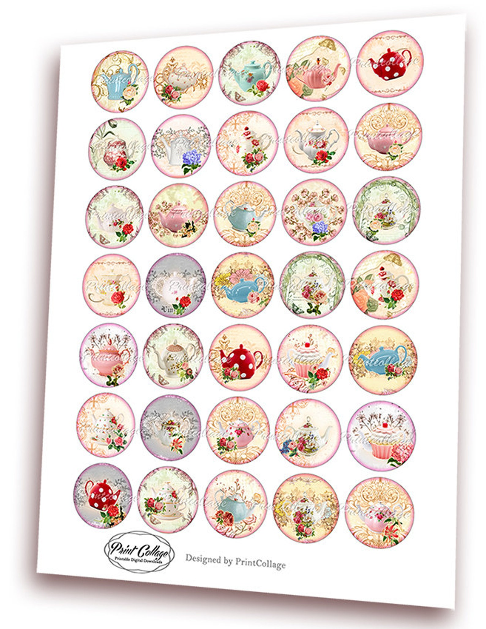 Shabby Chic Teapot Buttons Pinback Digital Printable Images for Button ...