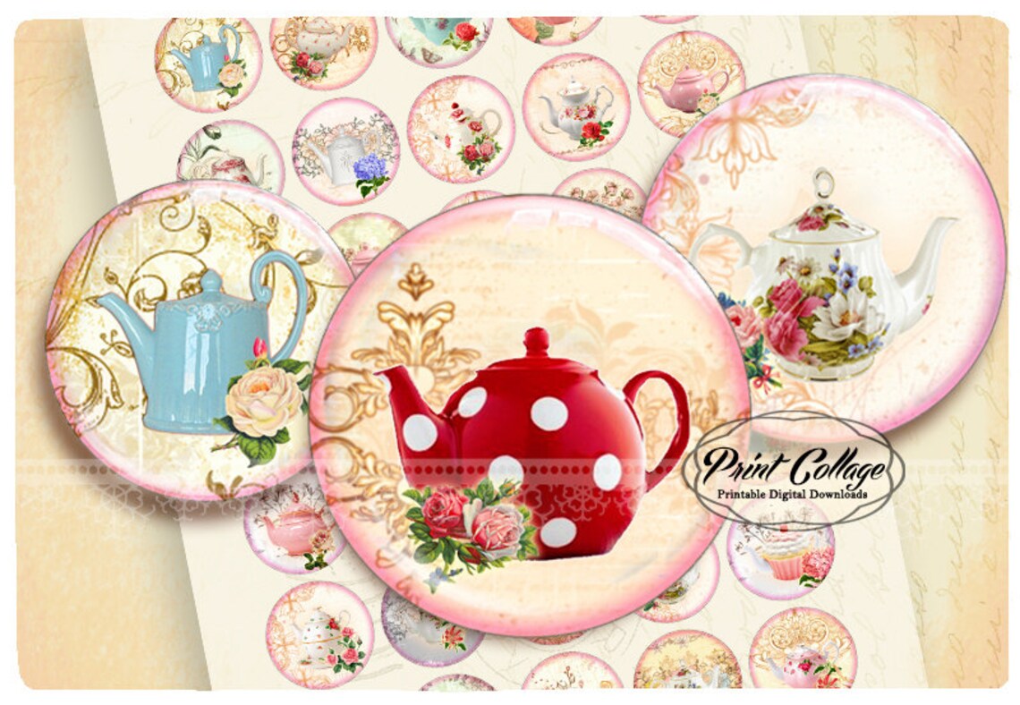 Shabby Chic Teapot Buttons Pinback Digital Printable Images for Button ...
