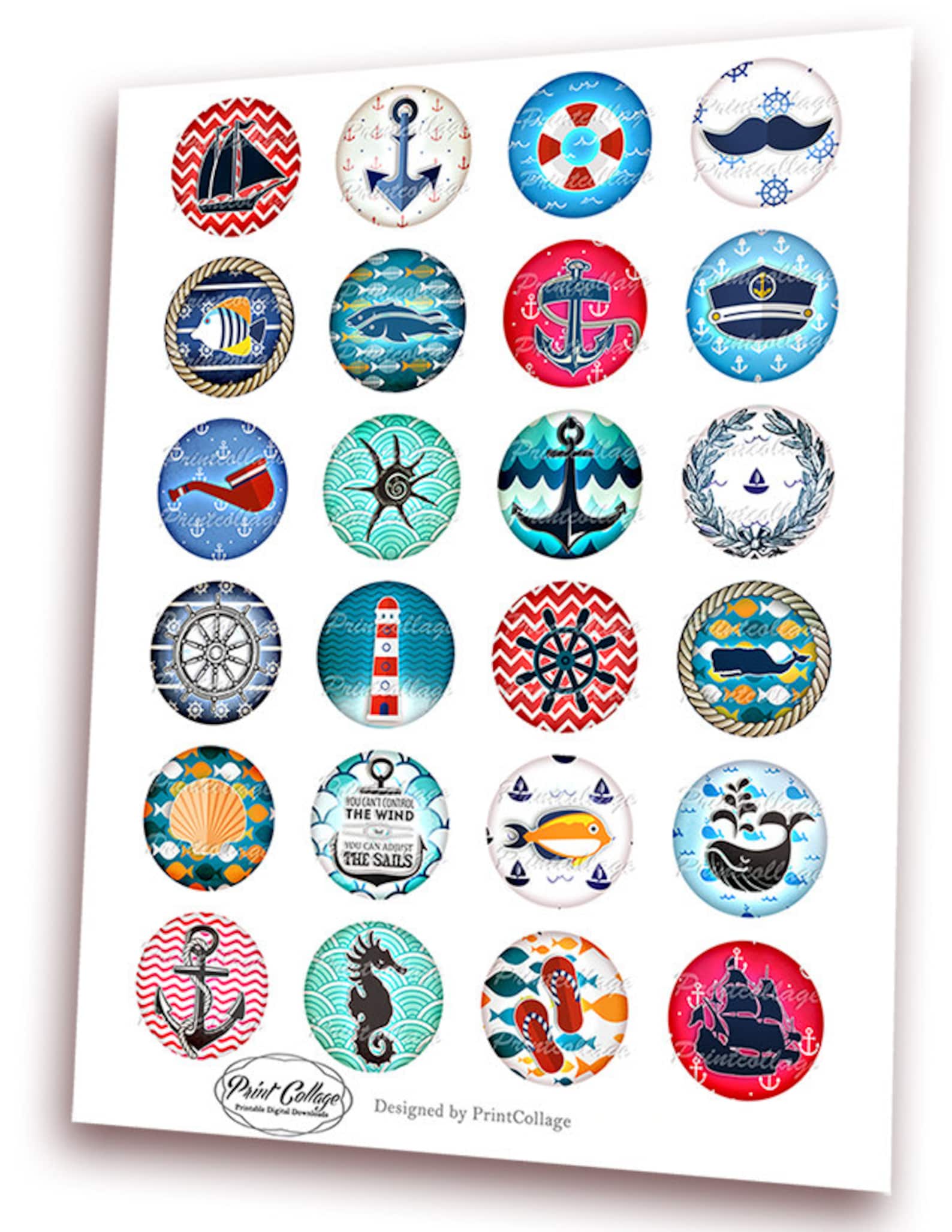 Nautical Summer Digital Printable Sheet Cabochon Images 1.5 | Etsy