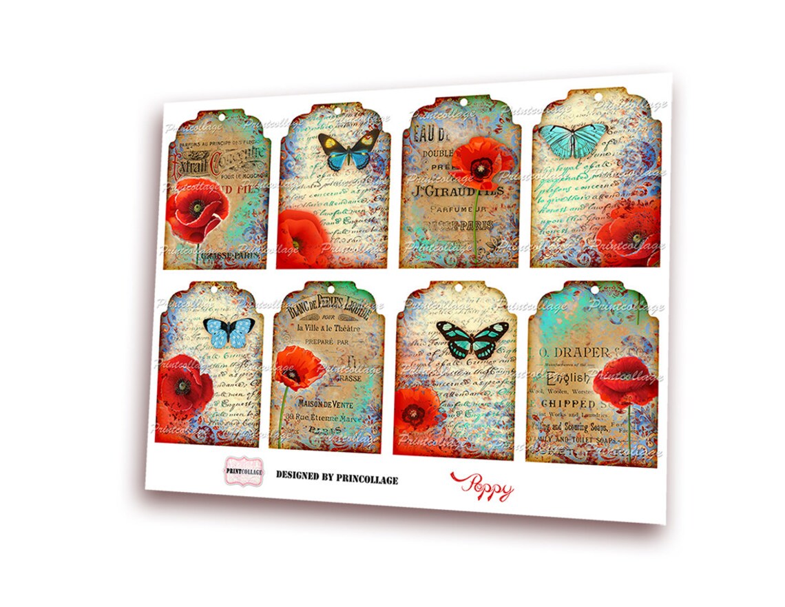 Poppy Flower Tag Images Digital Collage Sheet Designed Gift - Etsy