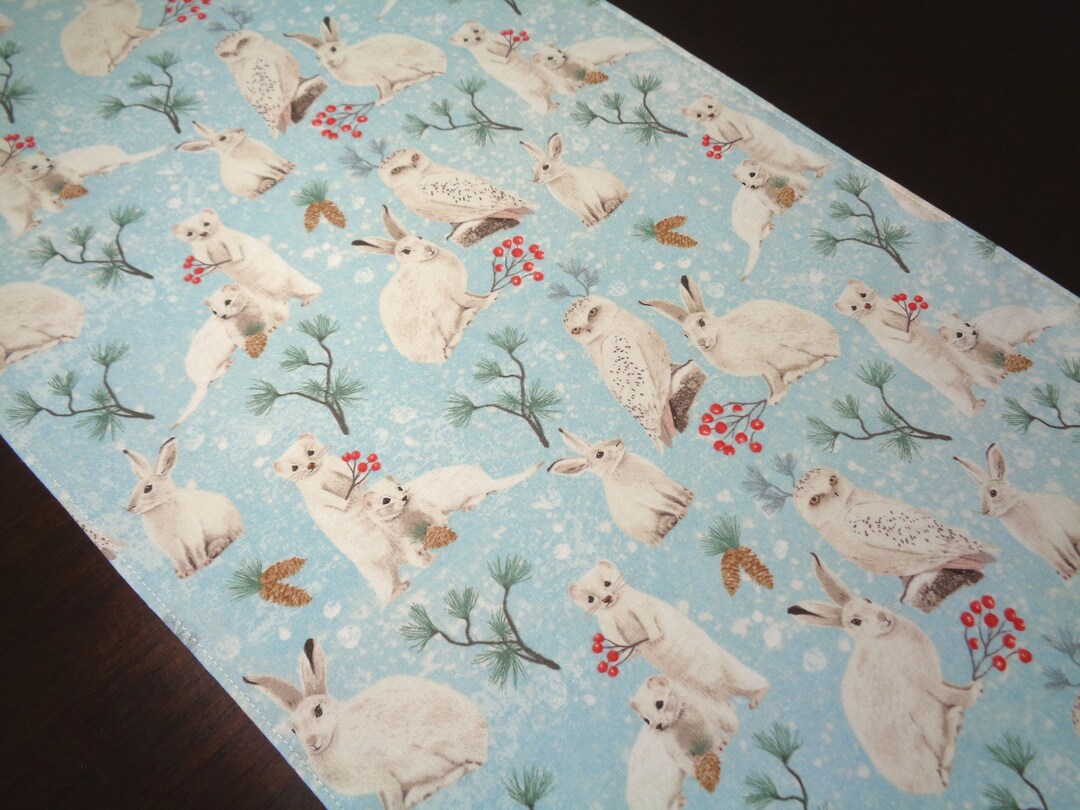 Blue Easter Table Runner With Bunnies and Owls, Rabbit Table Runner 36 ...