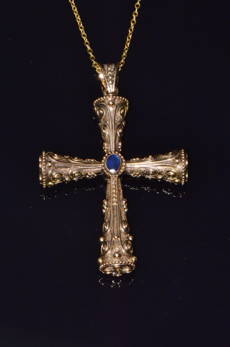 Byzantine Cross Pendant - Estate Natural Diamond Sapphire 750 18K Solid ...