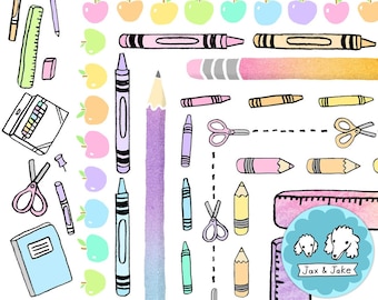 Watercolor Back to School Clipart Borders, Apple, Crayons, and Pencils ...