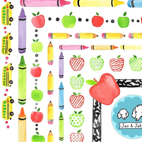 Watercolor Back to School Clipart Borders Apple Crayons and - Etsy
