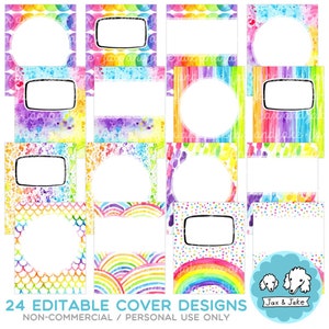 Hand Painted Rainbow Watercolor Editable Binder Covers and Spines ...