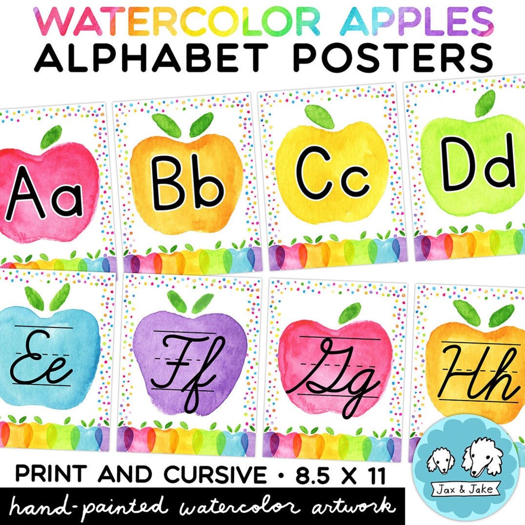 Rainbow Watercolor Confetti Apple Alphabet Posters, Includes Print and ...