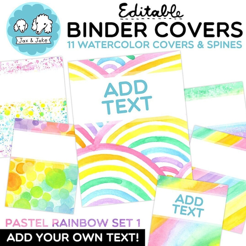 Pastel Rainbow Watercolor Editable Binder Covers and Spines, Printable ...