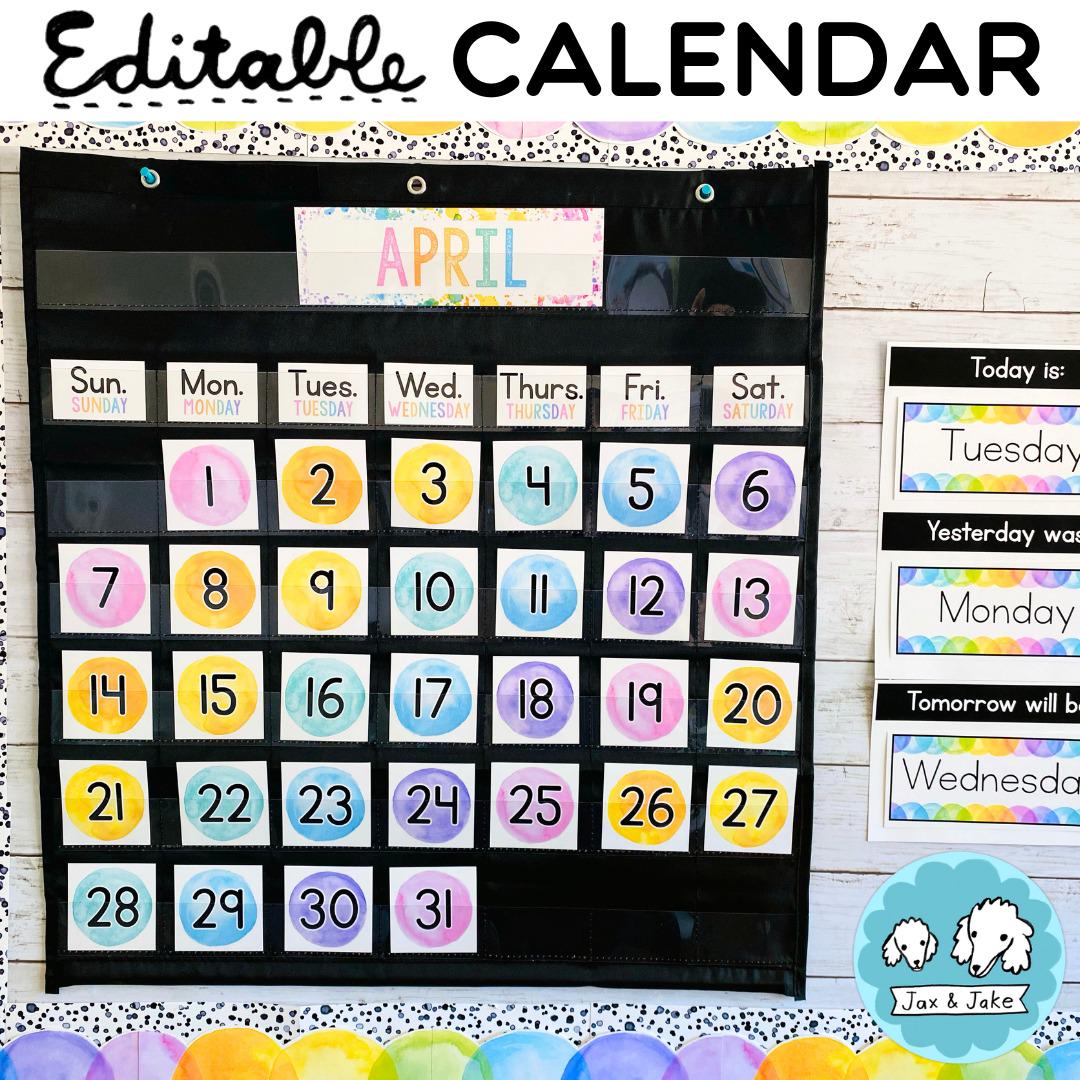 Pastel Rainbow Watercolor Classroom Calendar Cards for Pocket Chart ...