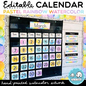 Pastel Rainbow Watercolor Classroom Calendar Cards for Pocket Chart ...