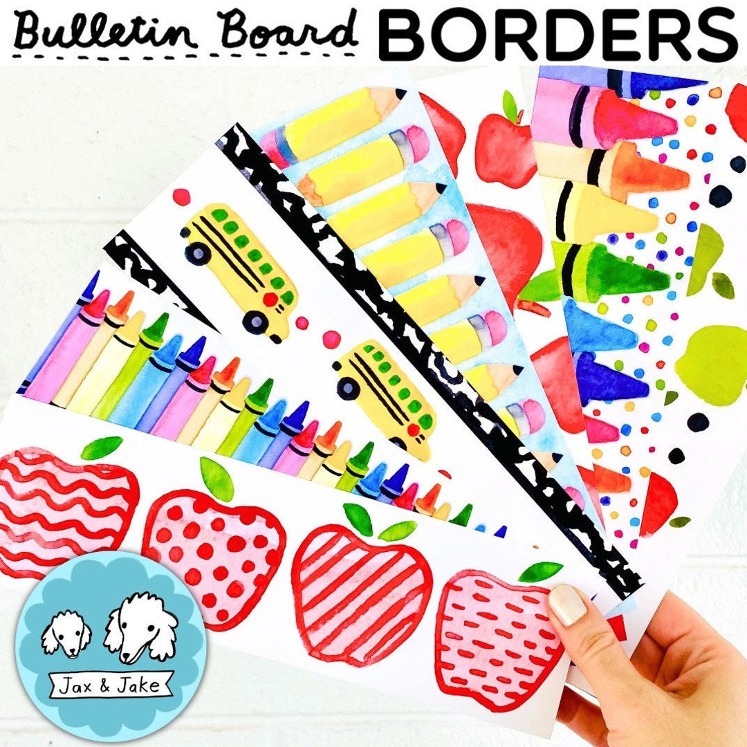 Printable Watercolor School Bulletin Board Borders - Crayon, Apple ...