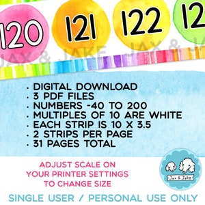 Printable Rainbow Watercolor Number Line Display 40 to 200, Elementary ...