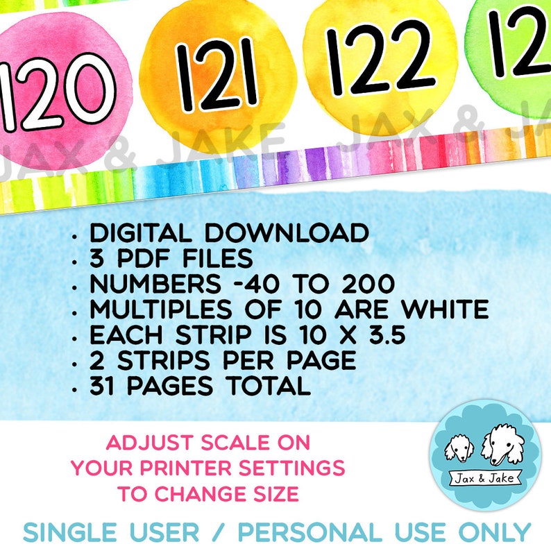 Printable Rainbow Watercolor Number Line Display 40 to 200, Elementary ...