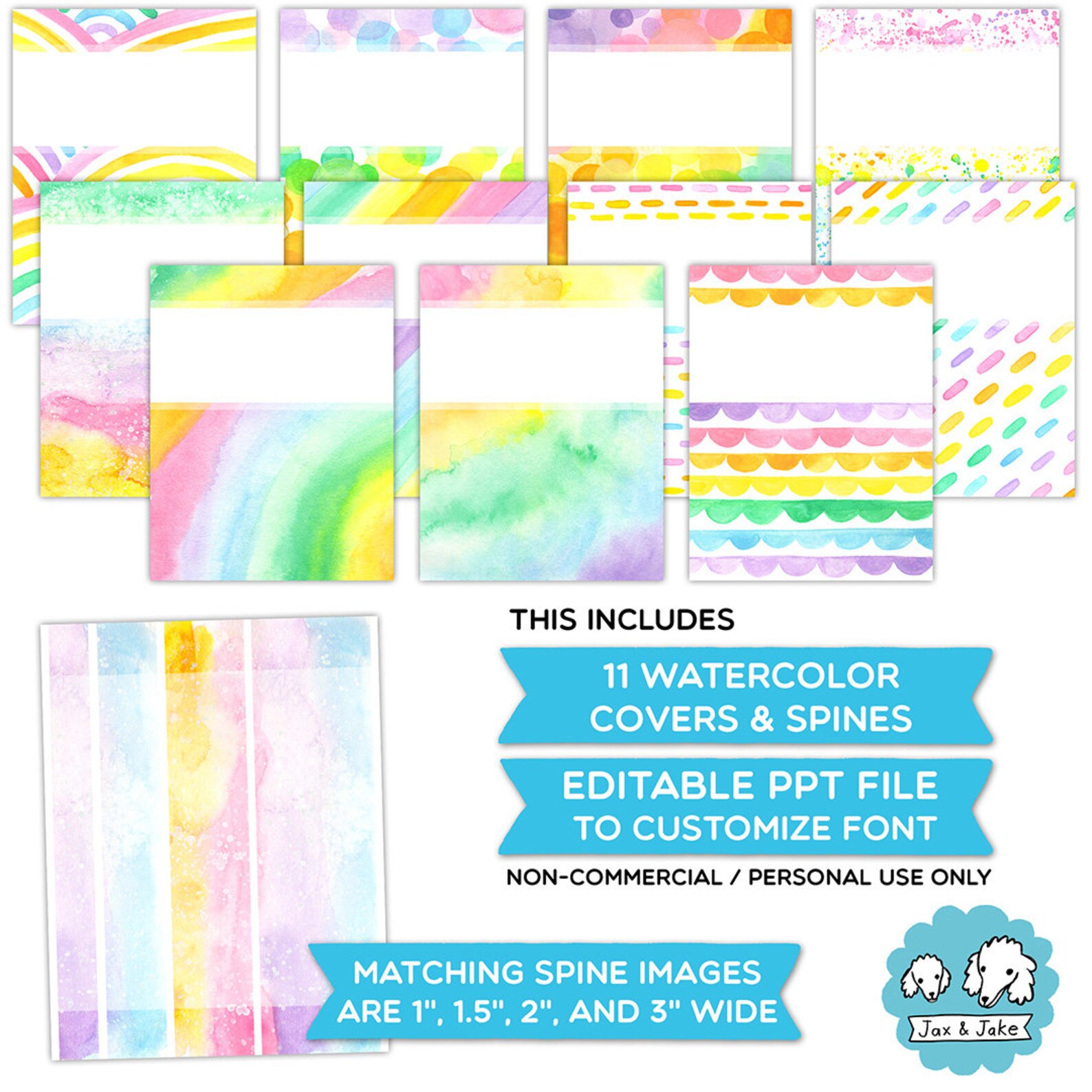 Pastel Rainbow Watercolor Editable Binder Covers and Spines - Etsy