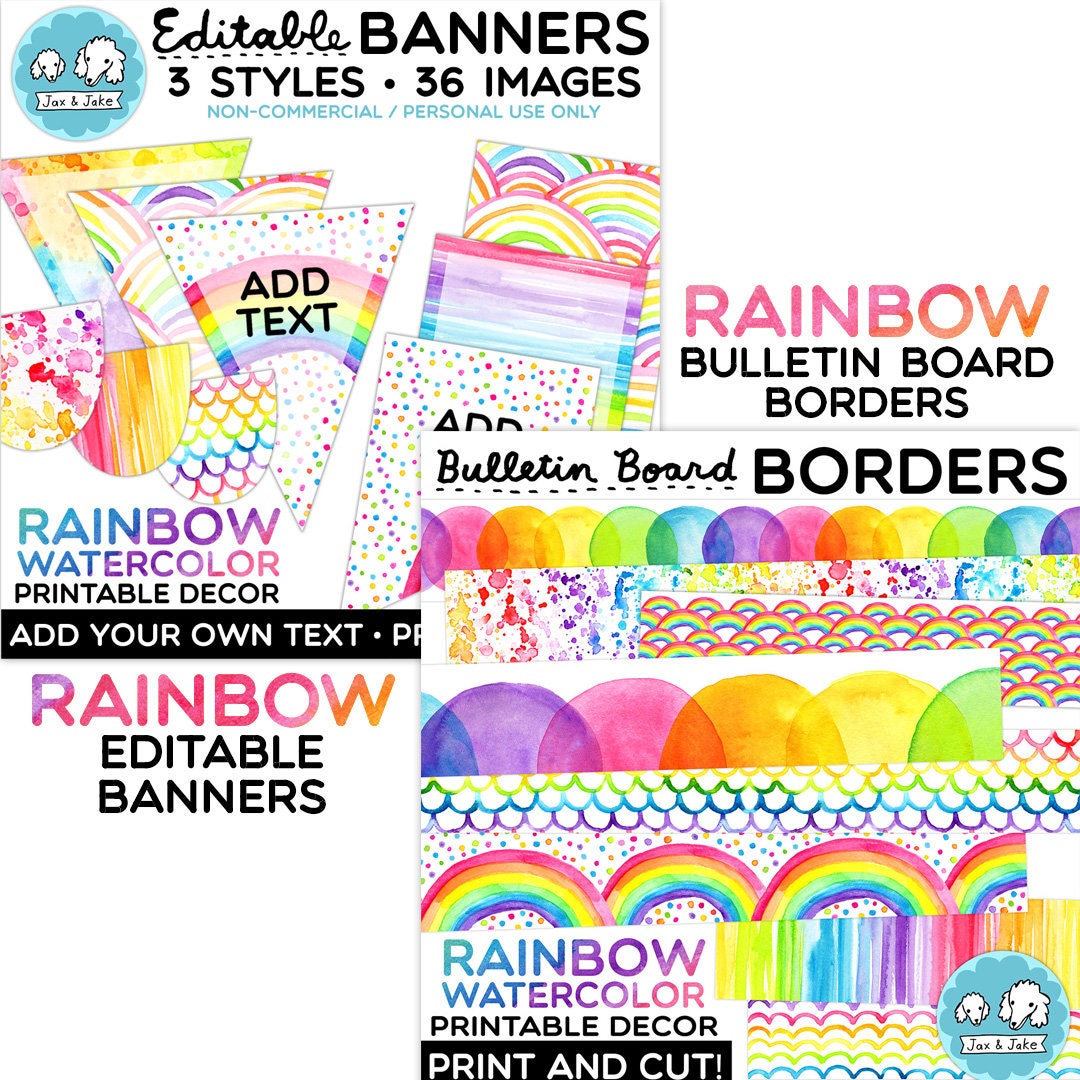 Rainbow Watercolor Editable Banners and Bulletin Board Borders BUNDLE ...