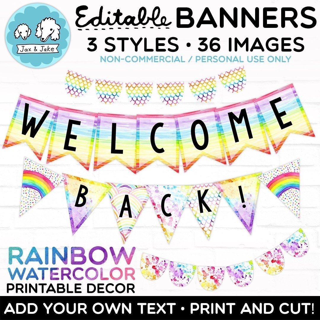 Editable Rainbow Watercolor Banners 2 Printable Banner for - Etsy