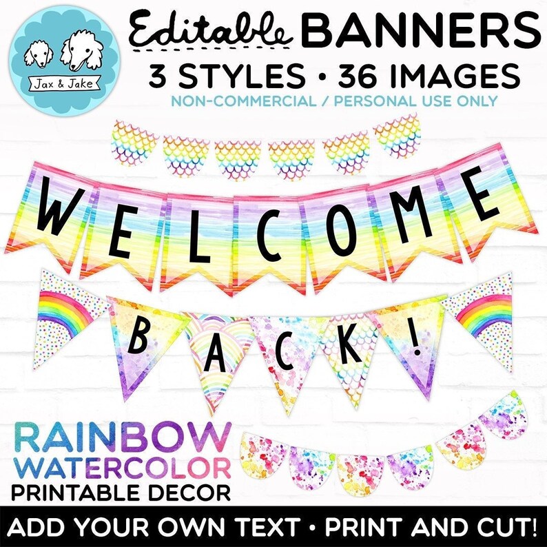 Editable Rainbow Watercolor Banners 2 Printable Banner for - Etsy