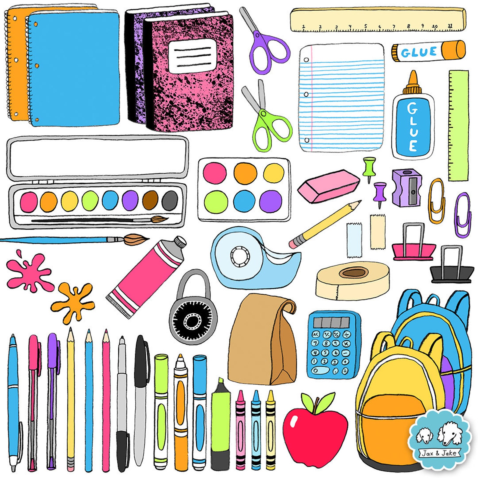 School Clipart, Back to School Supplies Clip Art, Pencil, Crayon ...