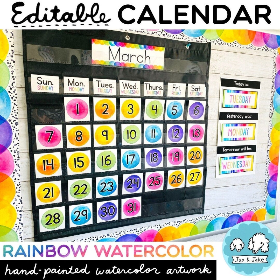 Editable Classroom Calendar Cards for Pocket Chart, Colorful Rainbow ...