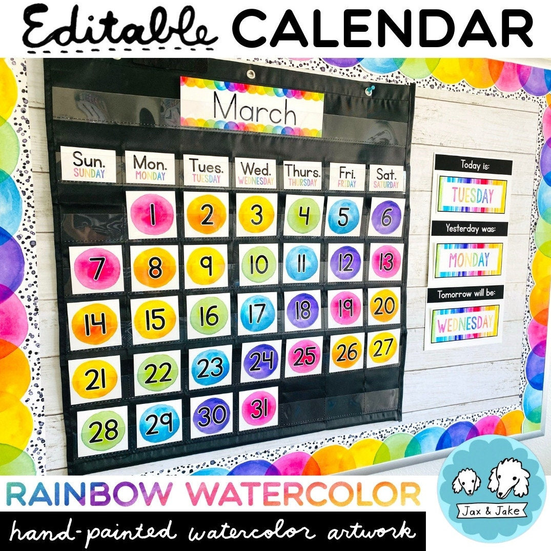 Editable Classroom Calendar Cards for Pocket Chart, Colorful Rainbow ...