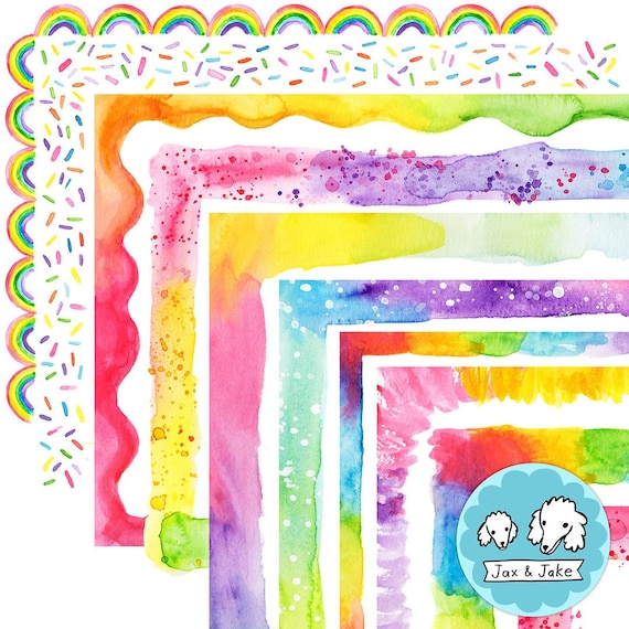 PRETTY Rainbow Watercolor Clipart Borders Includes Full Page - Etsy