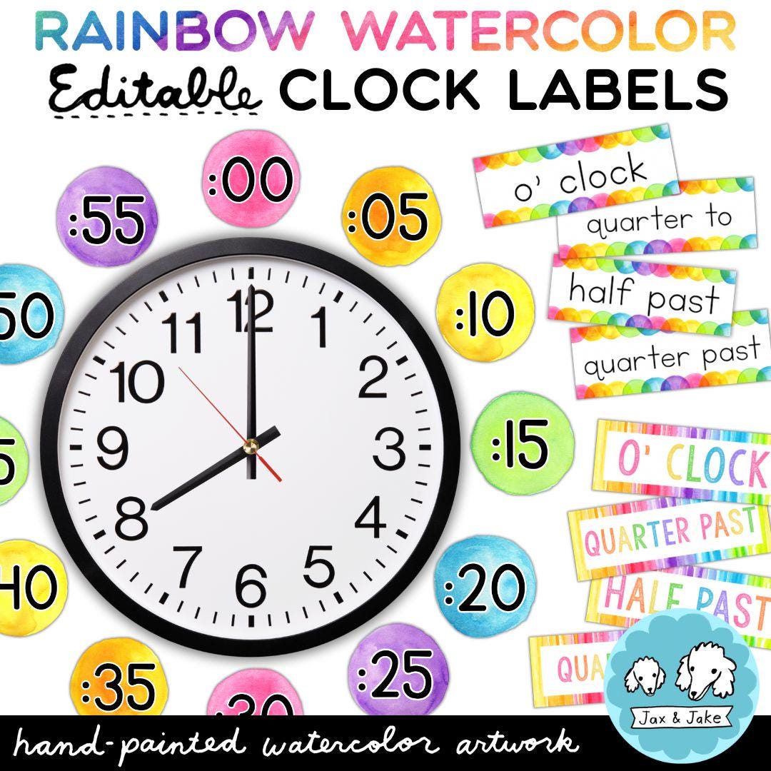 Editable Rainbow Watercolor Clock Labels - Printable Telling Time Clock ...
