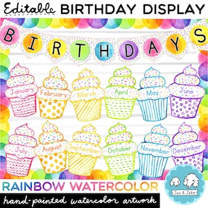 Editable Rainbow Watercolor Birthday Display, Printable Cupcake ...