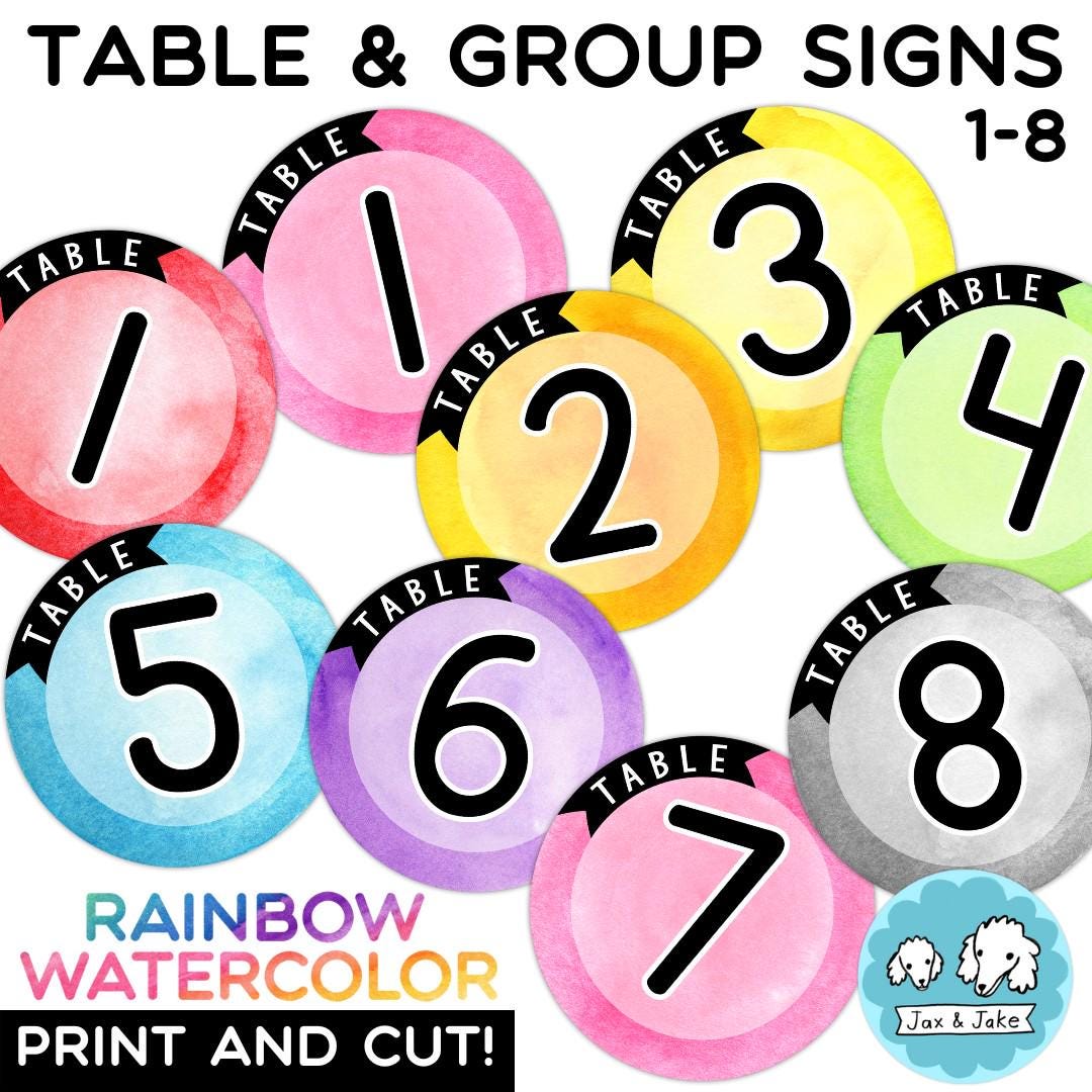 Editable Rainbow Watercolor Table and Group Number Signs Labels 1-8 ...
