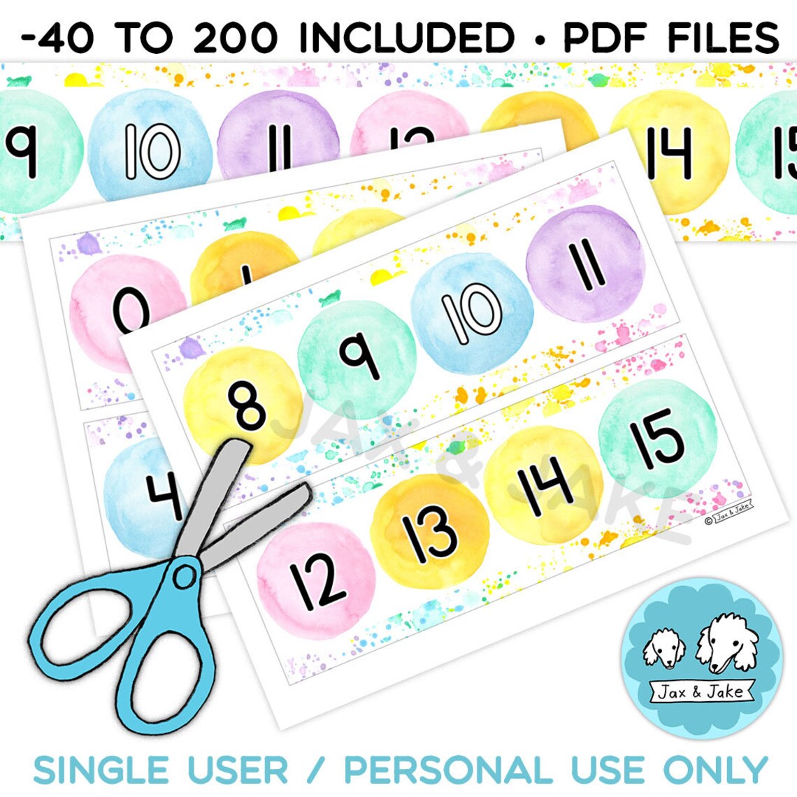 Printable Pastel Rainbow Watercolor Number Line Display 40 to 200 ...