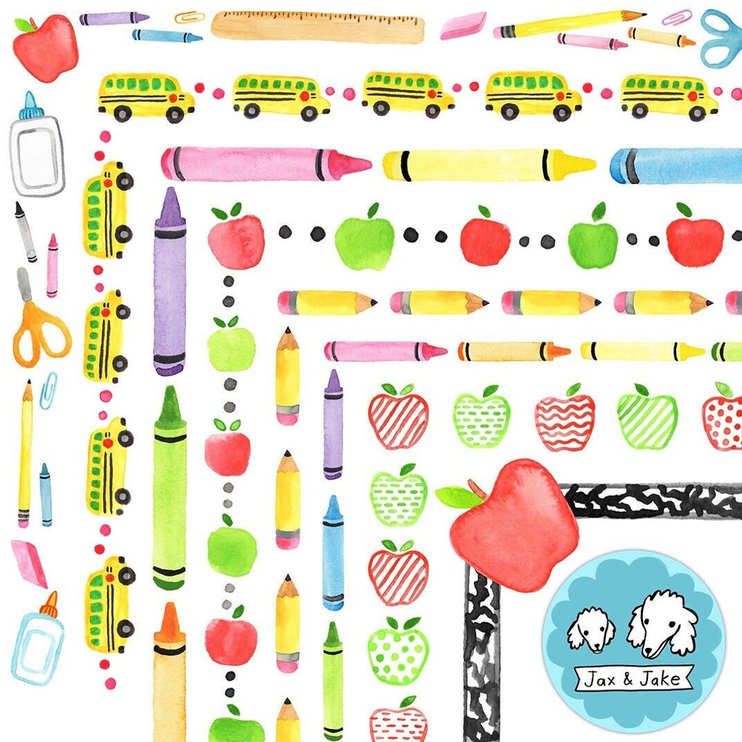 Watercolor Back to School Clipart Borders, Apple, Crayons, and Pencils ...