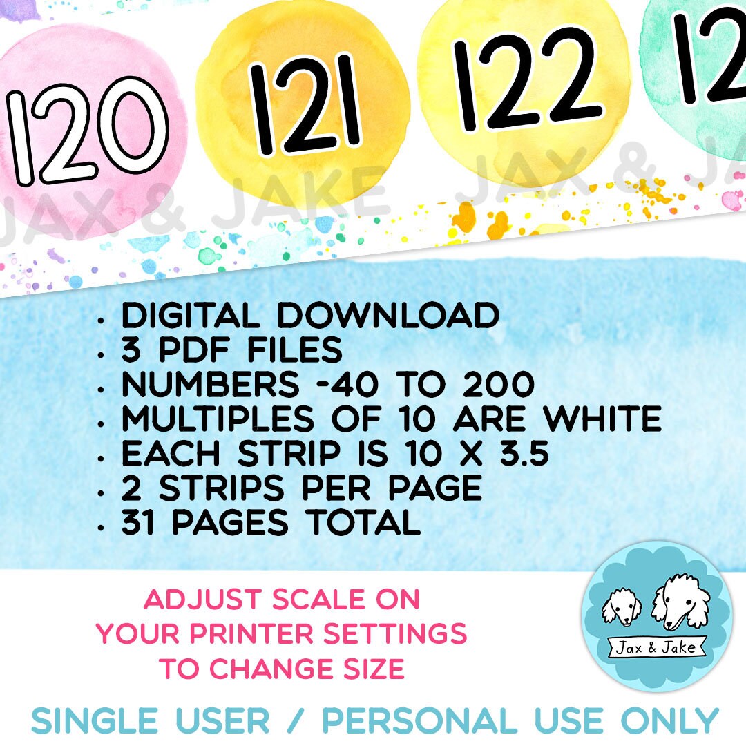 Printable Pastel Rainbow Watercolor Number Line Display 40 to 200 ...