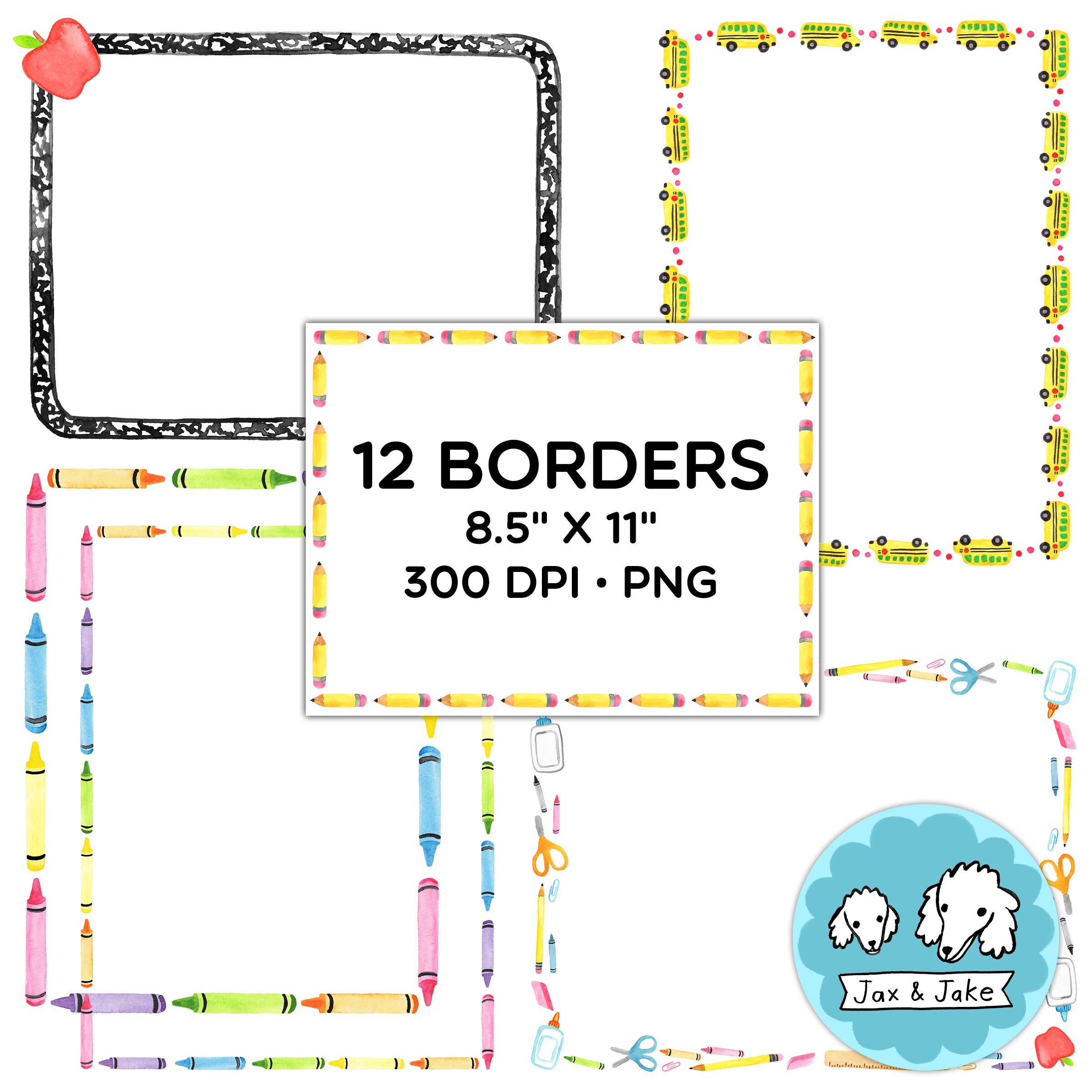 Watercolor Back to School Clipart Borders, Apple, Crayons, and Pencils ...